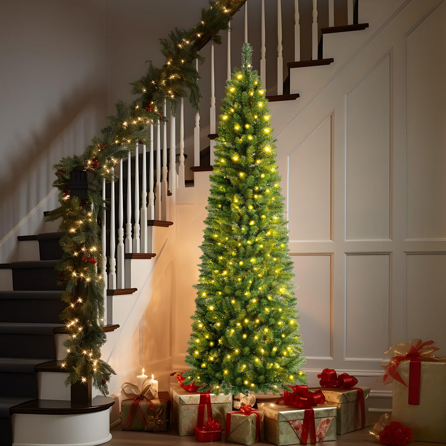 6ft Prelit Artificial Slim Pencil Christmas Trees with Warm White & Mu