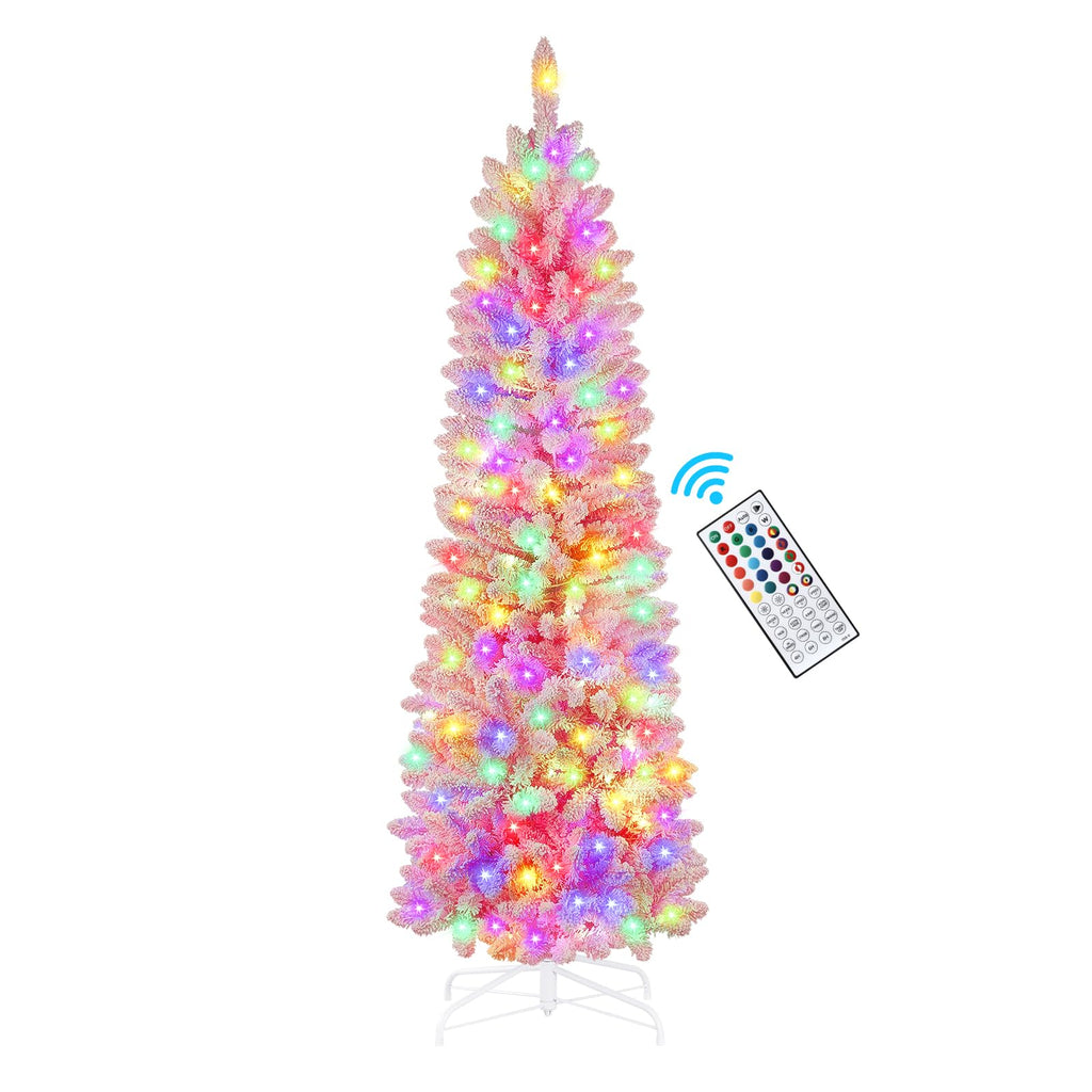 6ft Prelit RGB Lights Snow Flocked Artificial Pencil Spruce Christmas