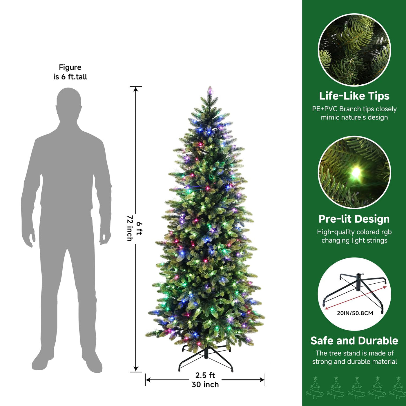 6ft Prelit RGB Lights Slim Artificial Christmas Tree with Remote Contr