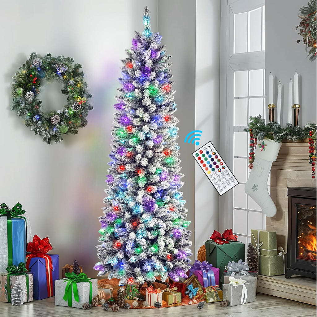 7.5ft Prelit Multi-Color RGB Lights Snow Flocked Artificial Hinged Sli